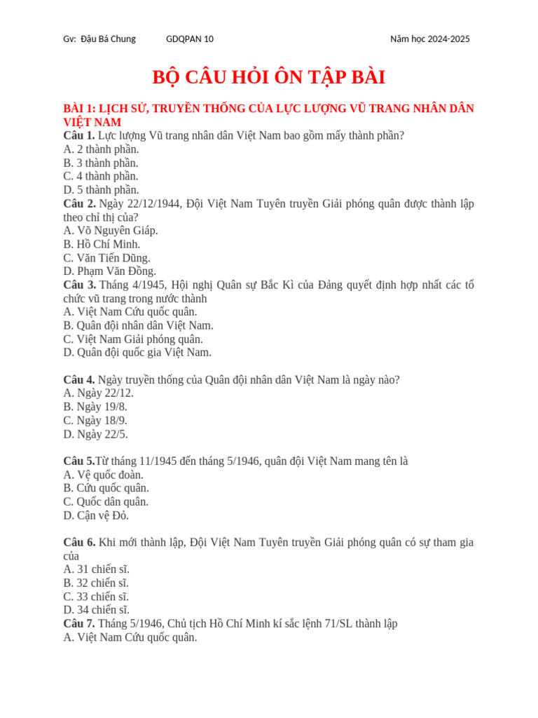 K10 NGÂN HÀNG CÂU HỎI ÔN TẬP MÔN GDQPAN 10 | PDF