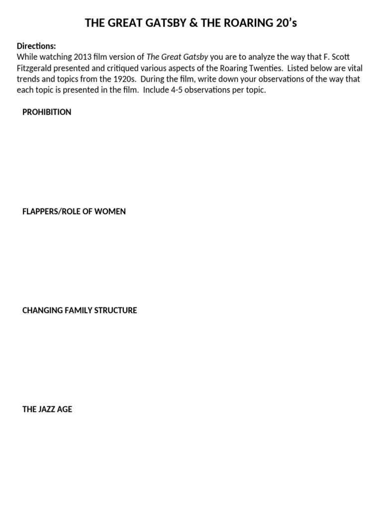 The Great Gatsby Movie Worksheet | PDF