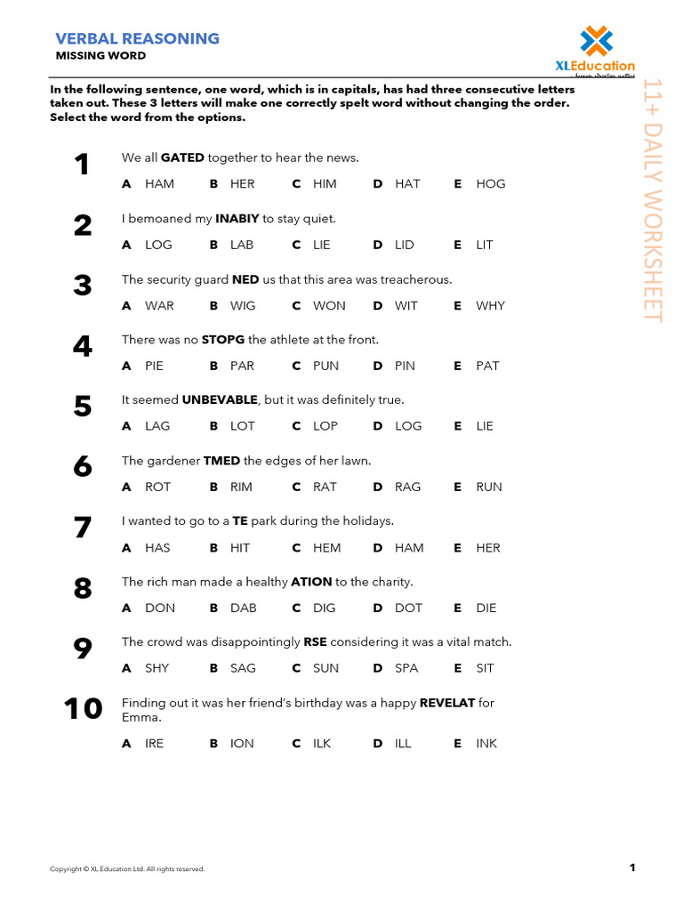 031 Week24 XLEducation - Daily - Worksheet - VR - 12062024 | PDF