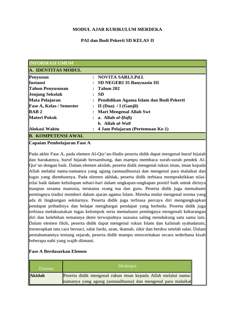 MODUL AJAR Kelas 2 Novi | PDF