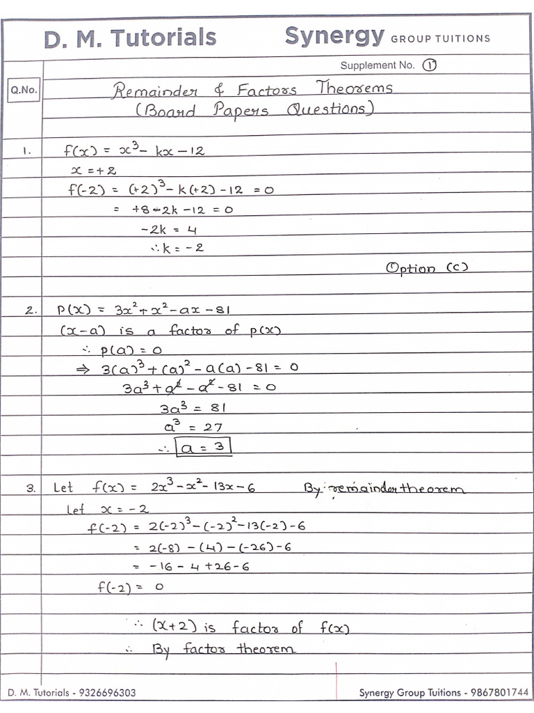 Remainder and Factors Theorems (Board Question Papers) | PDF ...
