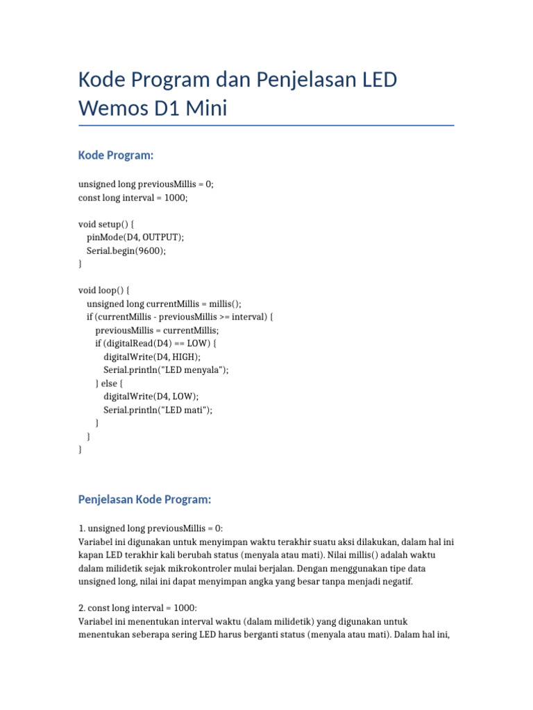 Kode Program Dan Penjelasan LED Wemos D1 Mini | PDF