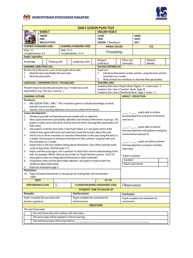 Friendship: Daily Lesson Plan Ts25 | PDF | Lesson Plan | Teachers