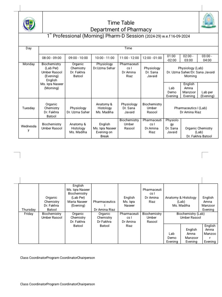 Pharm D-1st Prof Tentative Time Table Merge | PDF