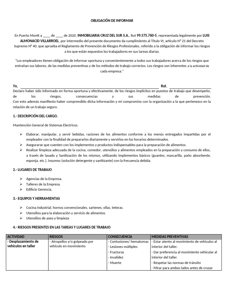 Obligación de Informar Riesgos Laborales | PDF
