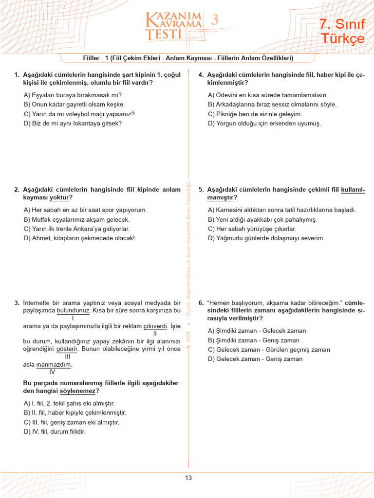 Sınıf Kazanım Kavrama Testleri (1. Dönem) Page 14 | PDF