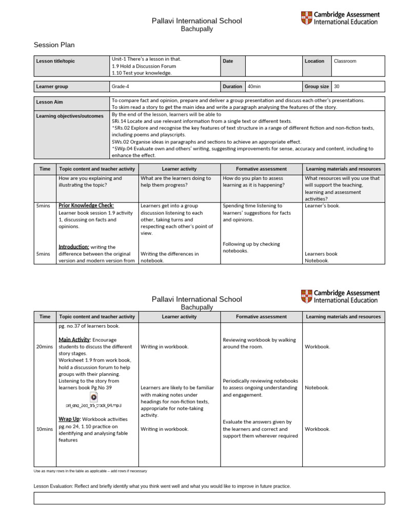 Session Plan Unit-1 1.9 &1.10 | PDF | Learning | Educational Assessment