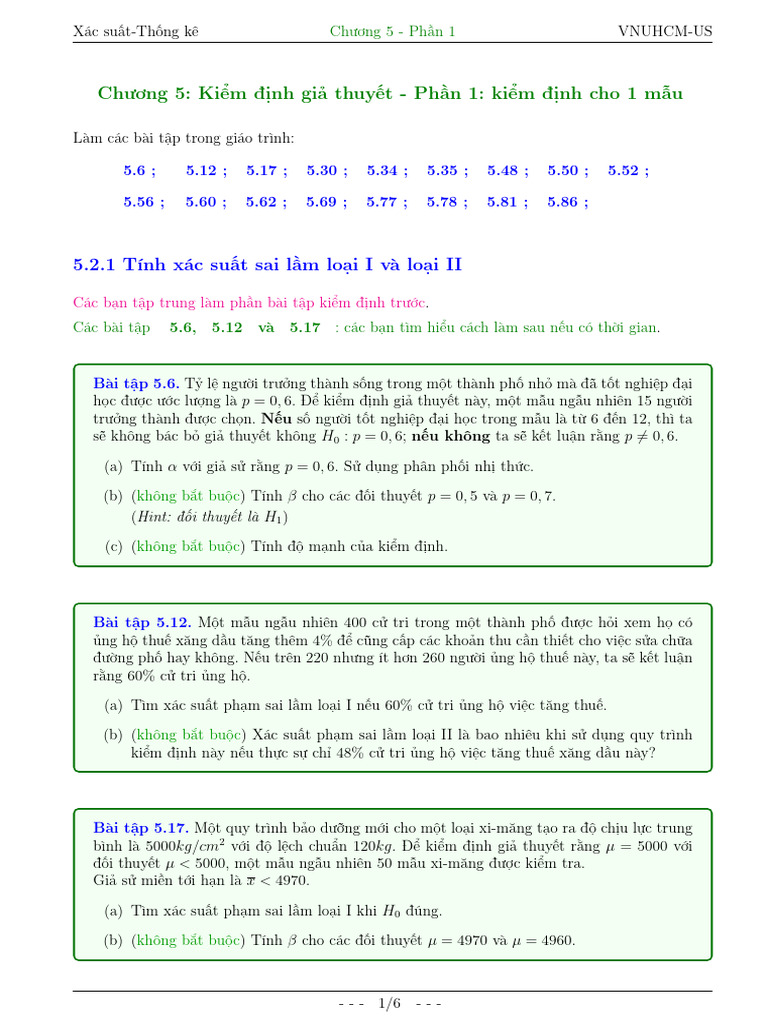 XSTK Chapter5 Part1 Kiểm Định 1 Mẫu Exercises List | PDF