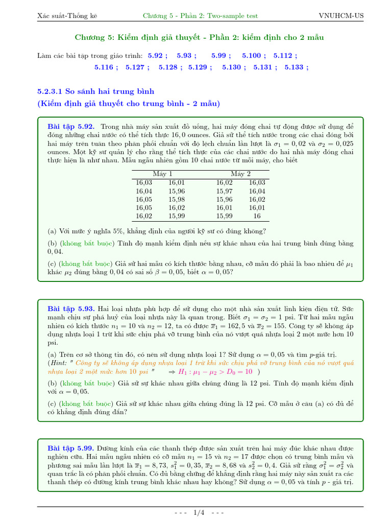 XSTK Chapter5 Part2 Kiểm Định 2 Mẫu Exercises List | PDF