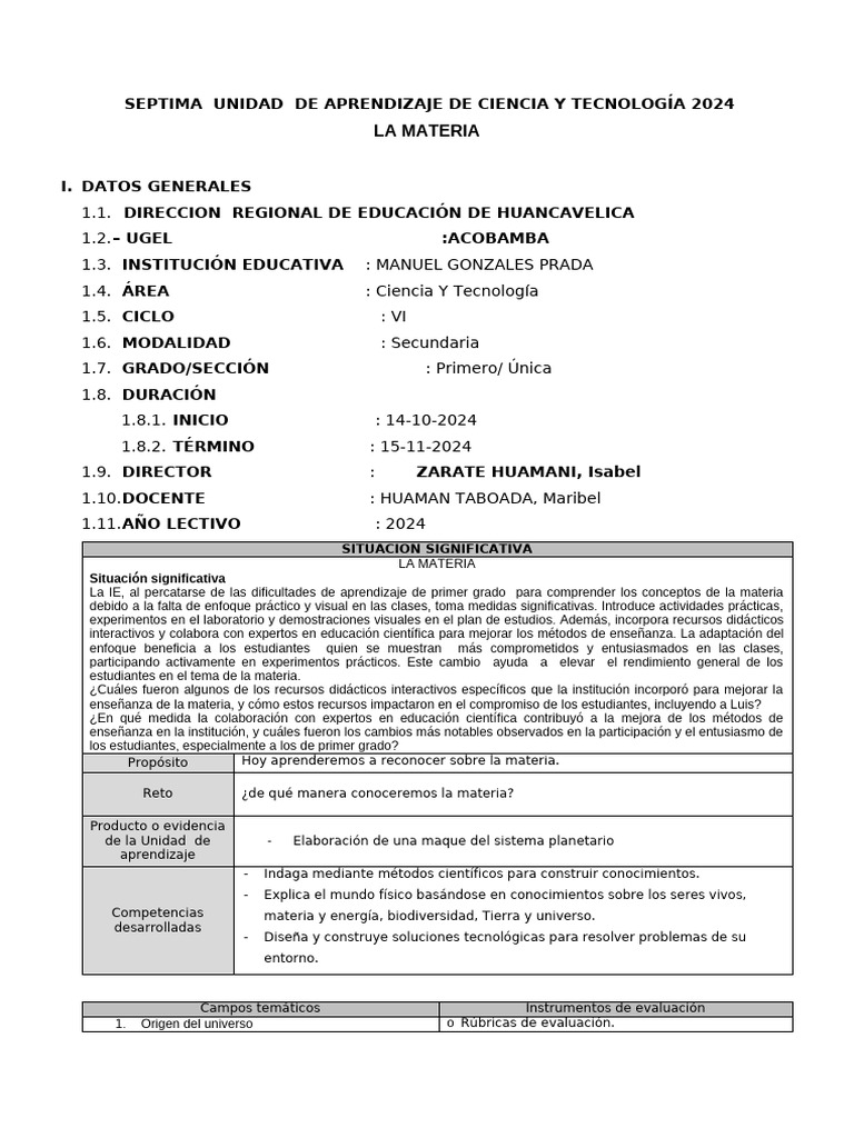 7ma Unidad 2024 1 Grado | PDF | Evaluación | Importar