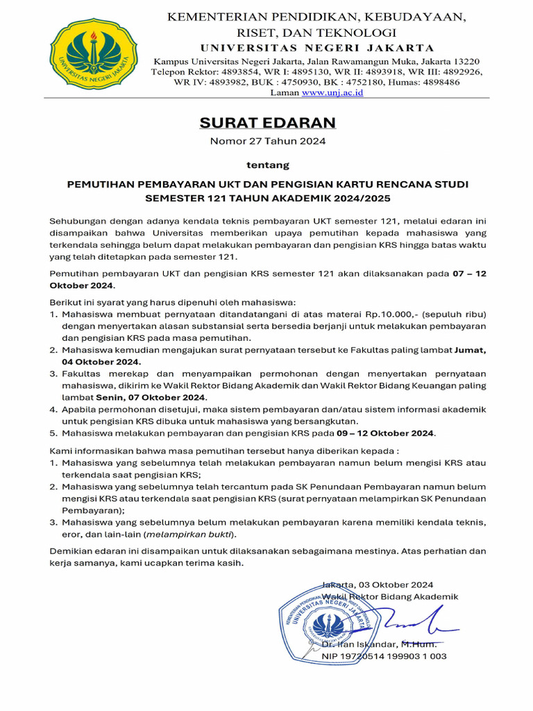 27 - SURAT EDARAN Pemutihan Pembayaran Dan Pengisian KRS 121 TA 2024-2025 | PDF