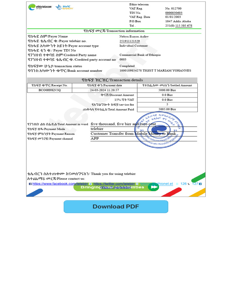 Telebirr Receipt | PDF