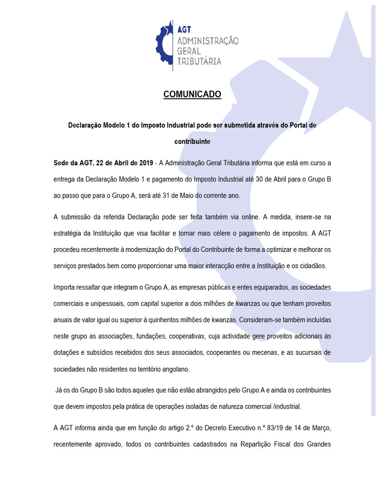Declaração Modelo 1 Do Imposto Industrial Pode Ser Submetida Através Do ...