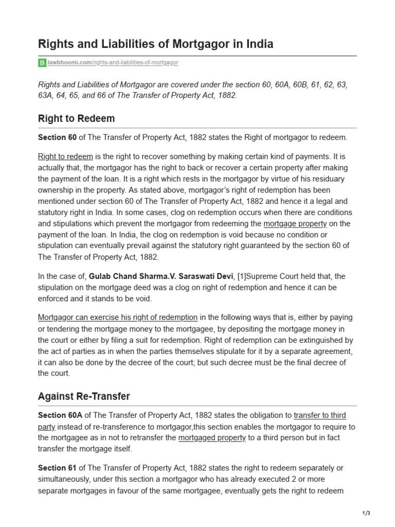 Rights and Liabilities of Mortgagor in India | PDF | Mortgage Law ...