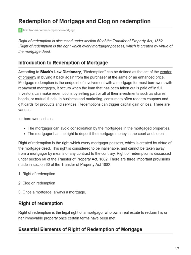 Redemption of Mortgage and Clog On Redemption | PDF | Mortgage Law ...