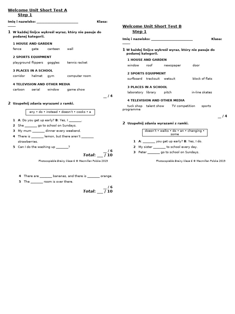 Brainy kl6 Short Tests Welcome Unit Step 1 | PDF