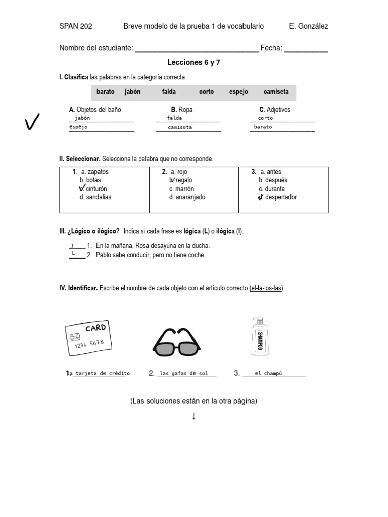 Breve Modelo - Prueba de Vocabulario 1 - SPAN 202 | PDF
