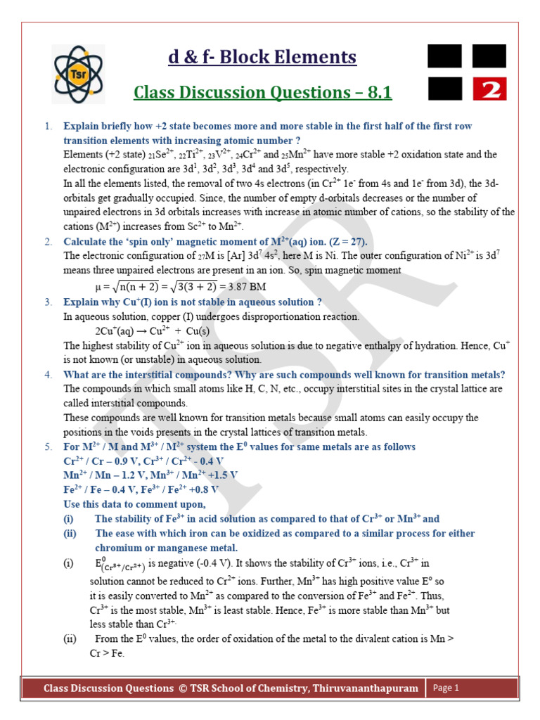 D & F Block Elements CDQ Ans Key | PDF | Manganese | Transition Metals