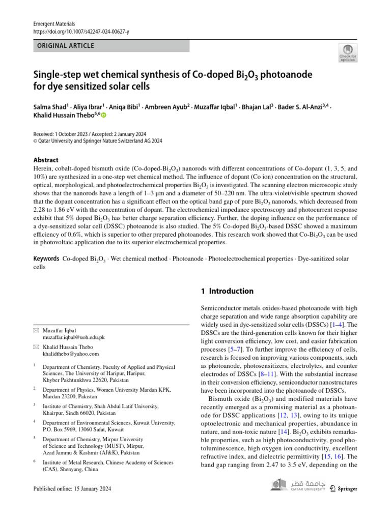 Emergent Materials 2024 | PDF | Doping (Semiconductor) | X Ray Photoelectron Spectroscopy