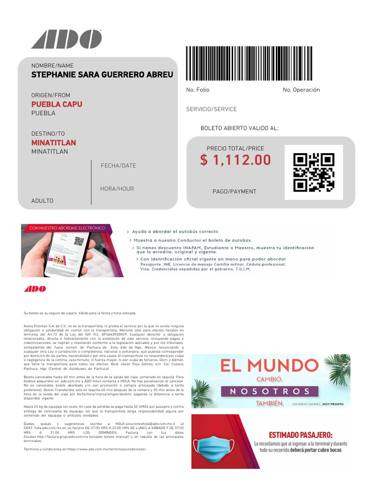 Boleto ADO Puebla a Minatitlán | PDF
