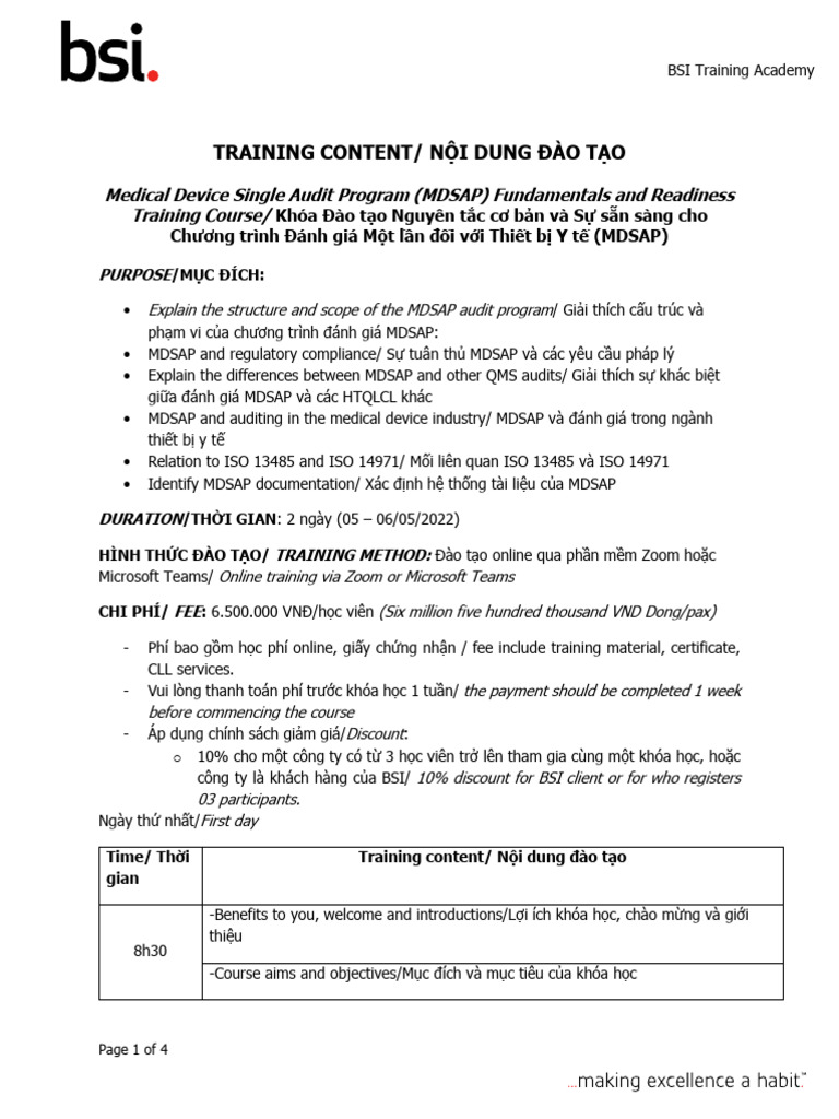 BSI - Training Outline - MDSAP 5-6.5.2022 | PDF