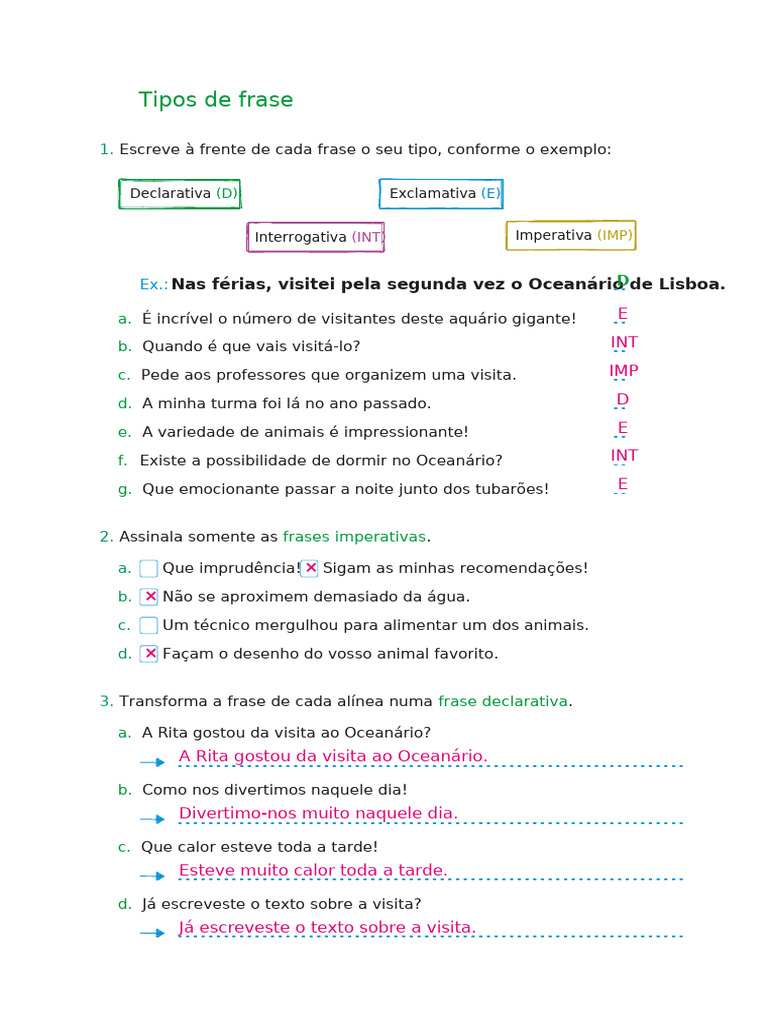 Ficha Portugues 5 Ano Tipos de Frase Solucoes | PDF