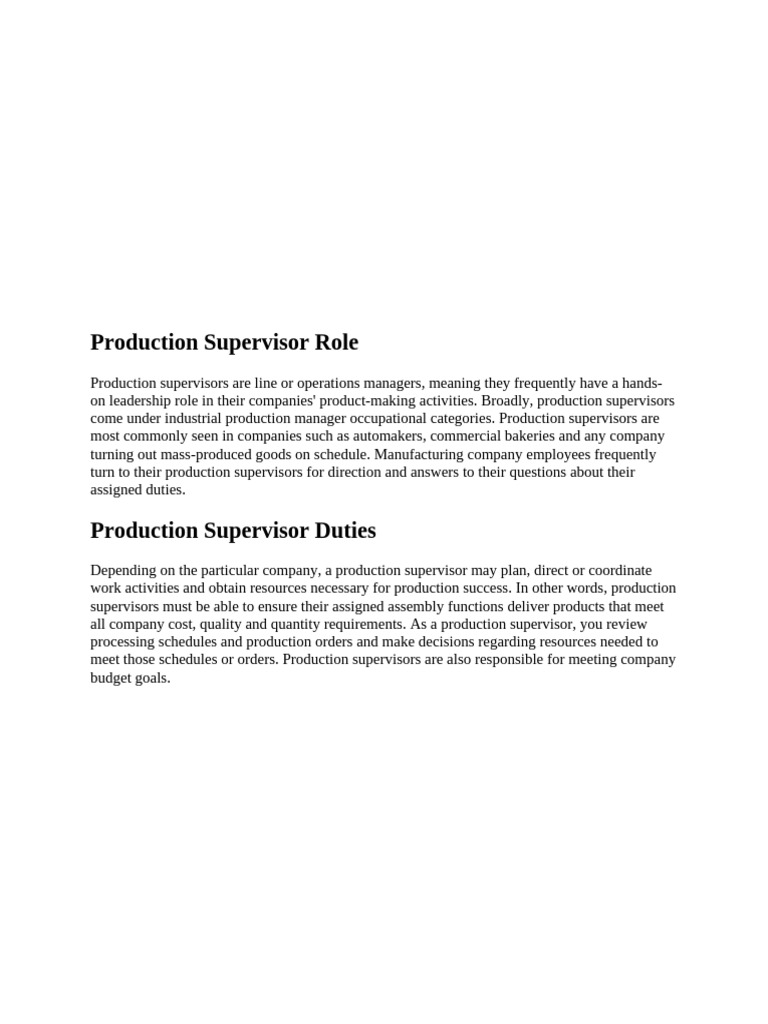 Production Supervisor Role | PDF | Supervisor | Business