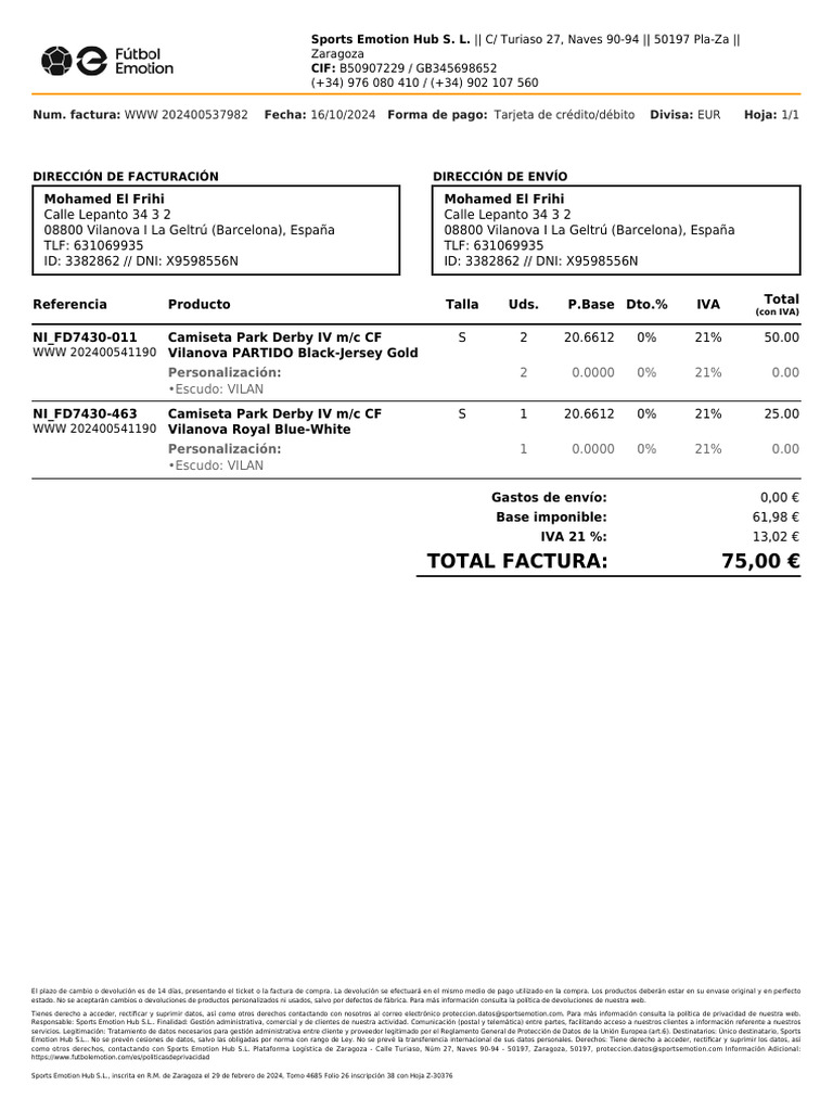 Factura Sports Emotion Hub S.L. | PDF | Industrias de servicio