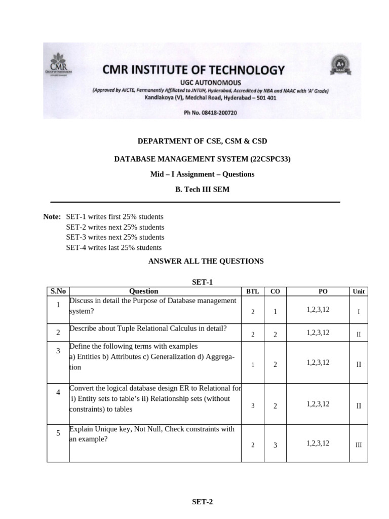 R22 2024-2025 DBMS Assignment | PDF | Relational Model | Databases