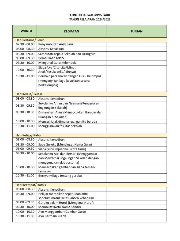 Contoh Jadwal MPLS Paud | PDF