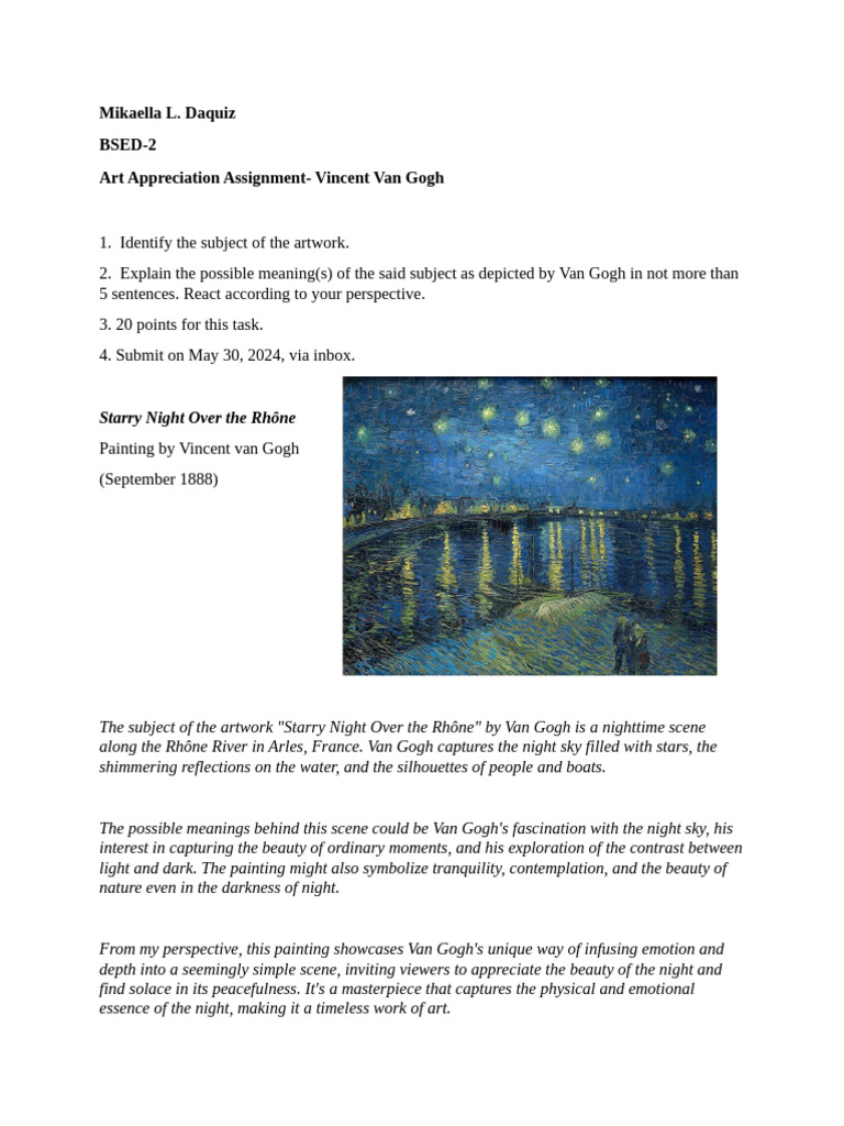 Van Gogh's Starry Night Analysis | PDF | Art | Classics