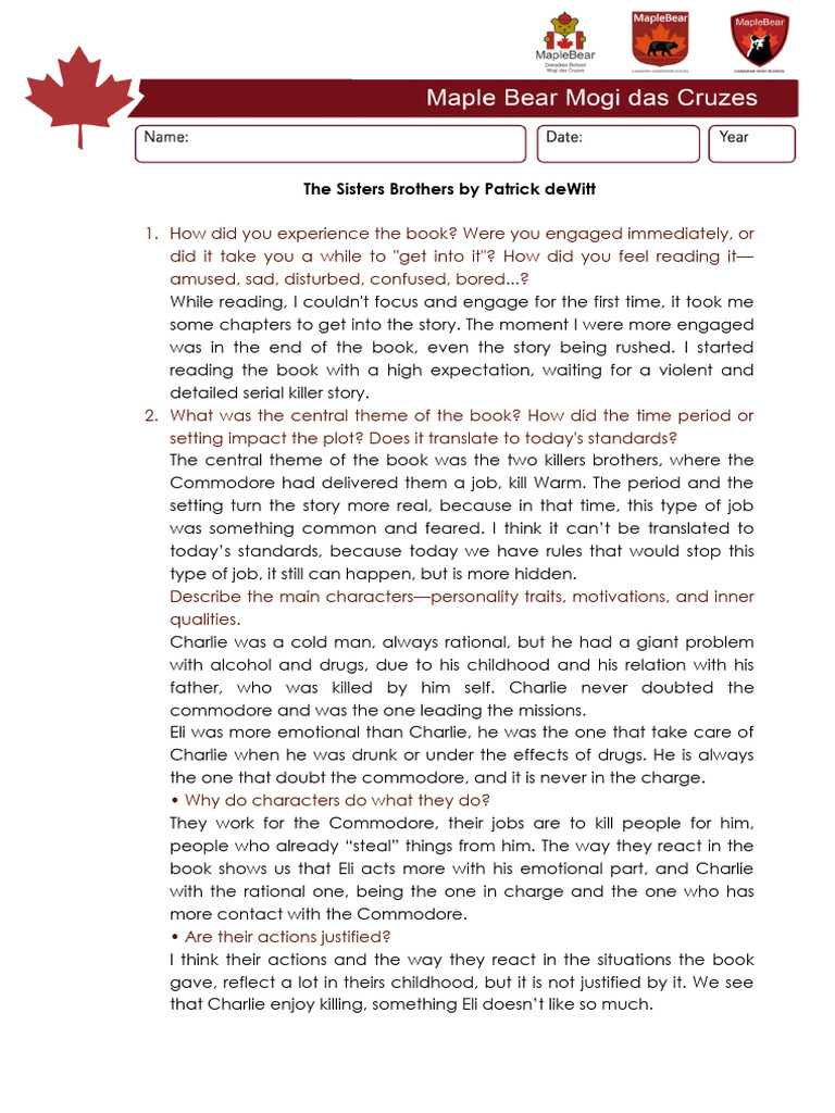 The Sisters Brothers Reading Comprehension Exercise | PDF | General Fiction