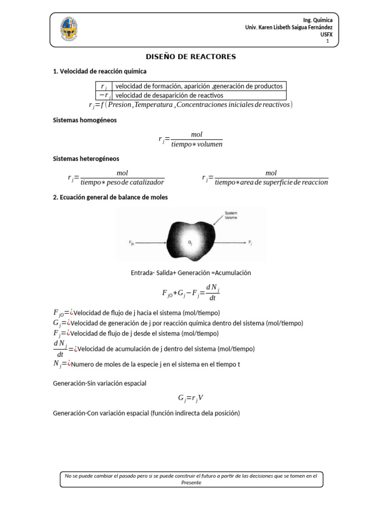 Formulario DISEÑO DE REACTORES | PDF | Reactor Quimico | Gases