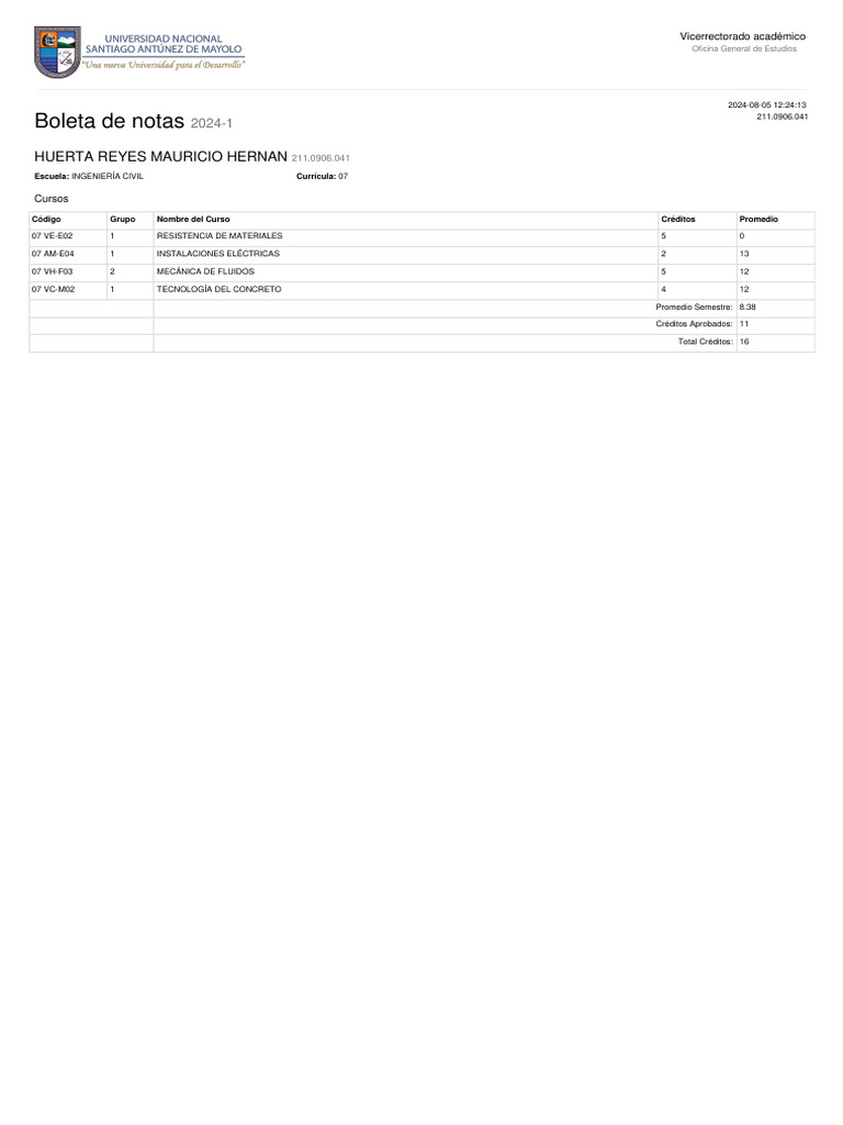 Boleta de Notas - 211.0906.041 - 2024-1 | PDF