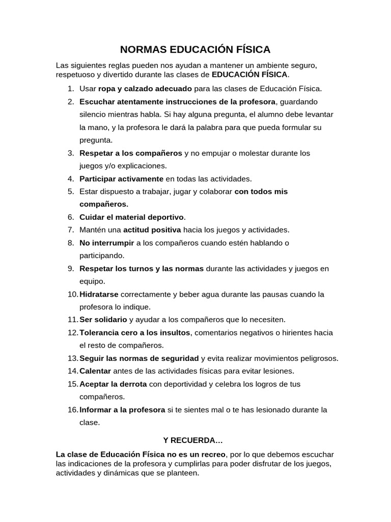 Normas para Clases de Educación Física | PDF | Estilo de vida
