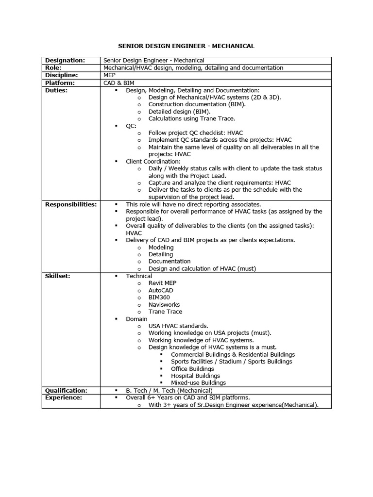 SDE Mechanical JD - Vee Technologies | PDF | Building Information Modeling | Engineering