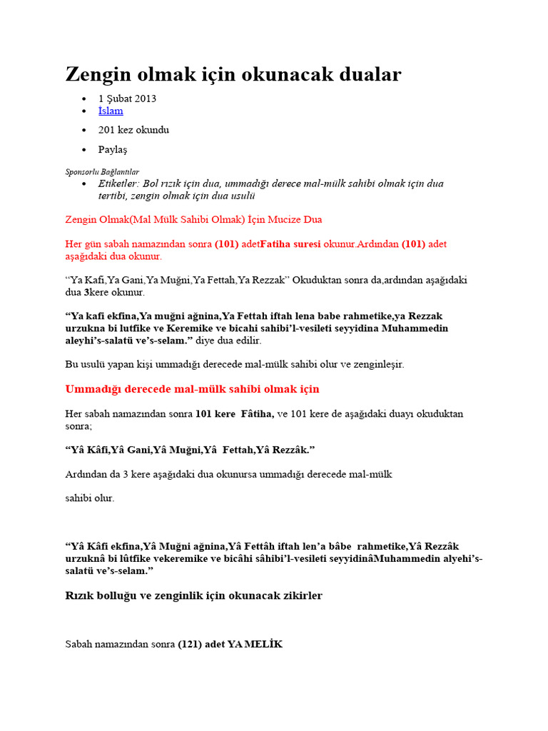 Zengin Olmak Icin Okunacak Dualar | PDF