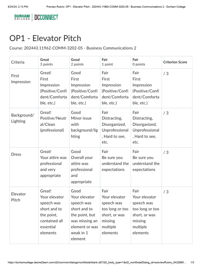 Preview Rubric - OP1 - Elevator Pitch - 202443.11962-COMM-3202-05 ...