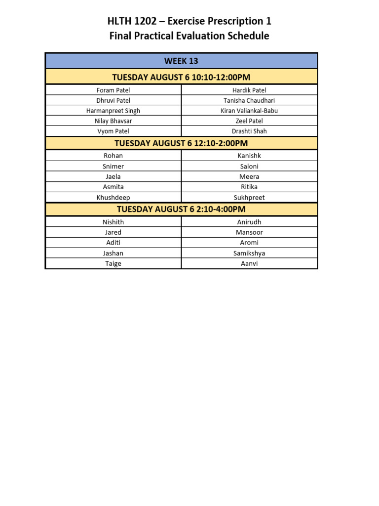 HLTH1202 Final Practical Exam Schedule Student S241 | PDF