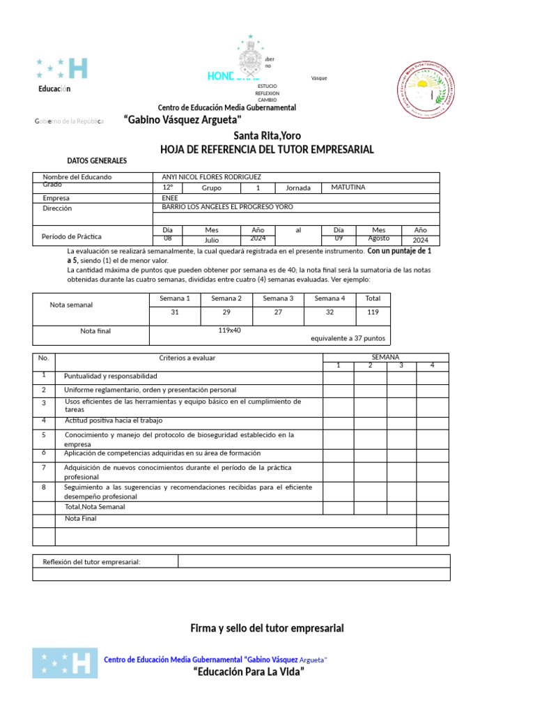 Evaluacion HOJA DE REFERENCIA DEL TUTOR EMPRESARIAL 2024 | PDF | Honduras | Business