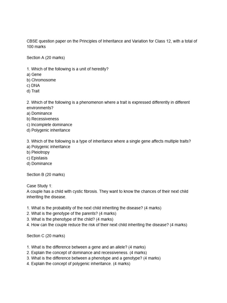 Principles of Inheritance and Variation Board Level Questions 1 | PDF