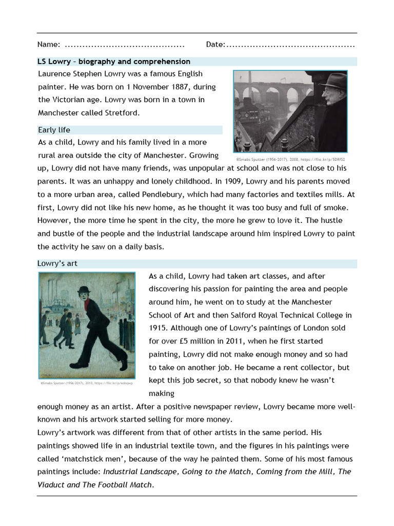 (410523) Ls Lowry Biography and Comprehension ks2 | PDF | History ...