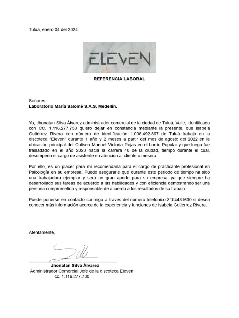 Carta de referencia laboral ELEVEN | PDF