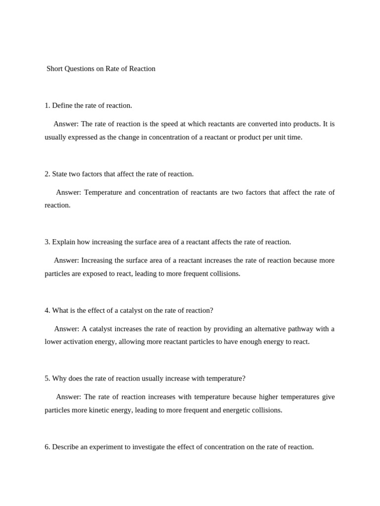 Short Questions on Rate of Reaction | PDF | Reaction Rate | Chemical ... Short Questions on Rate of Reaction | PDF | Reaction Rate | Chemical ...