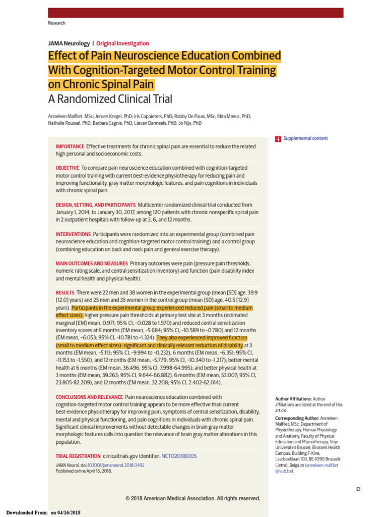Effect of Pain Neuroscience Education Combined With Cognition Targeted Motor Control Training On ...