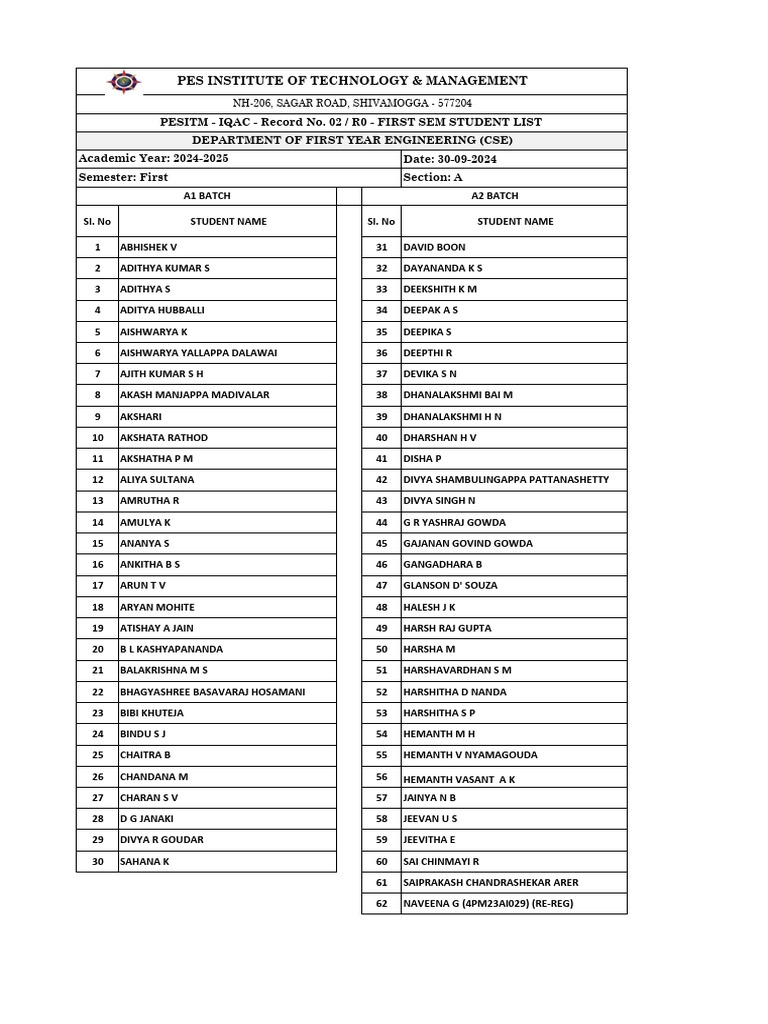 First Sem Students List 2024-2025 NEW | PDF