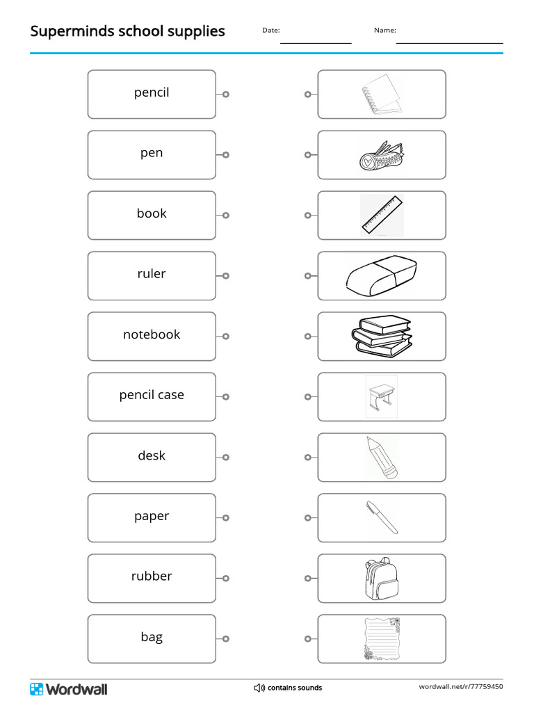 Superminds School Supplies Match Up Line Drawing | PDF