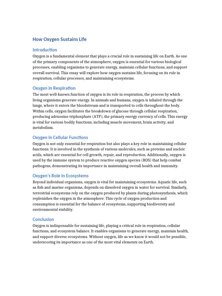 How Oxygen Sustains Life Essay | PDF | Social Science | Wellness