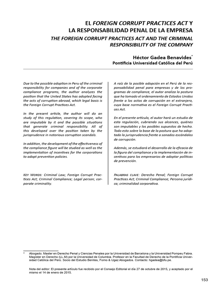 Dialnet. El Foreign Corrupt Practices Act y La Responsabilidad Penal - Hector Gadea Benavides ...
