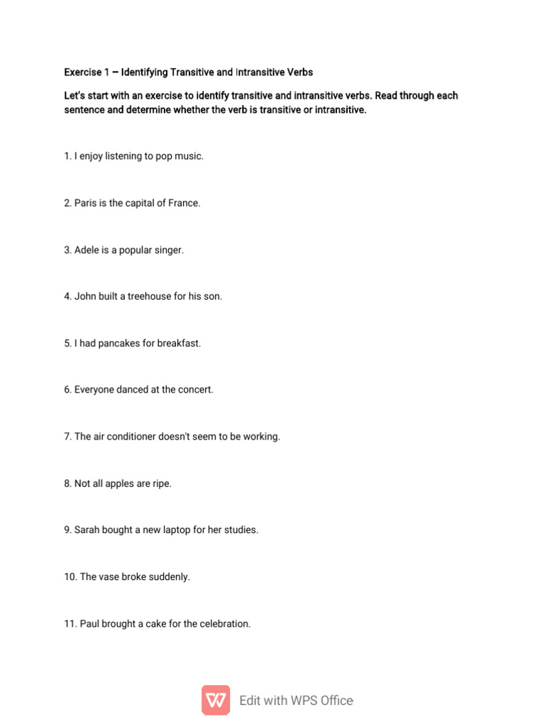 Transitive and Intransitive verbs exercise | PDF